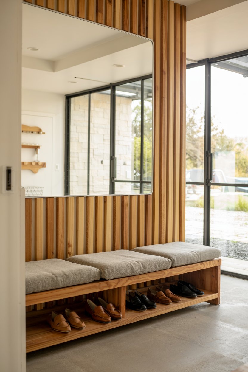 10 Stylish Functional of the Slatted Wood Bench with Mirror and Hooks ...