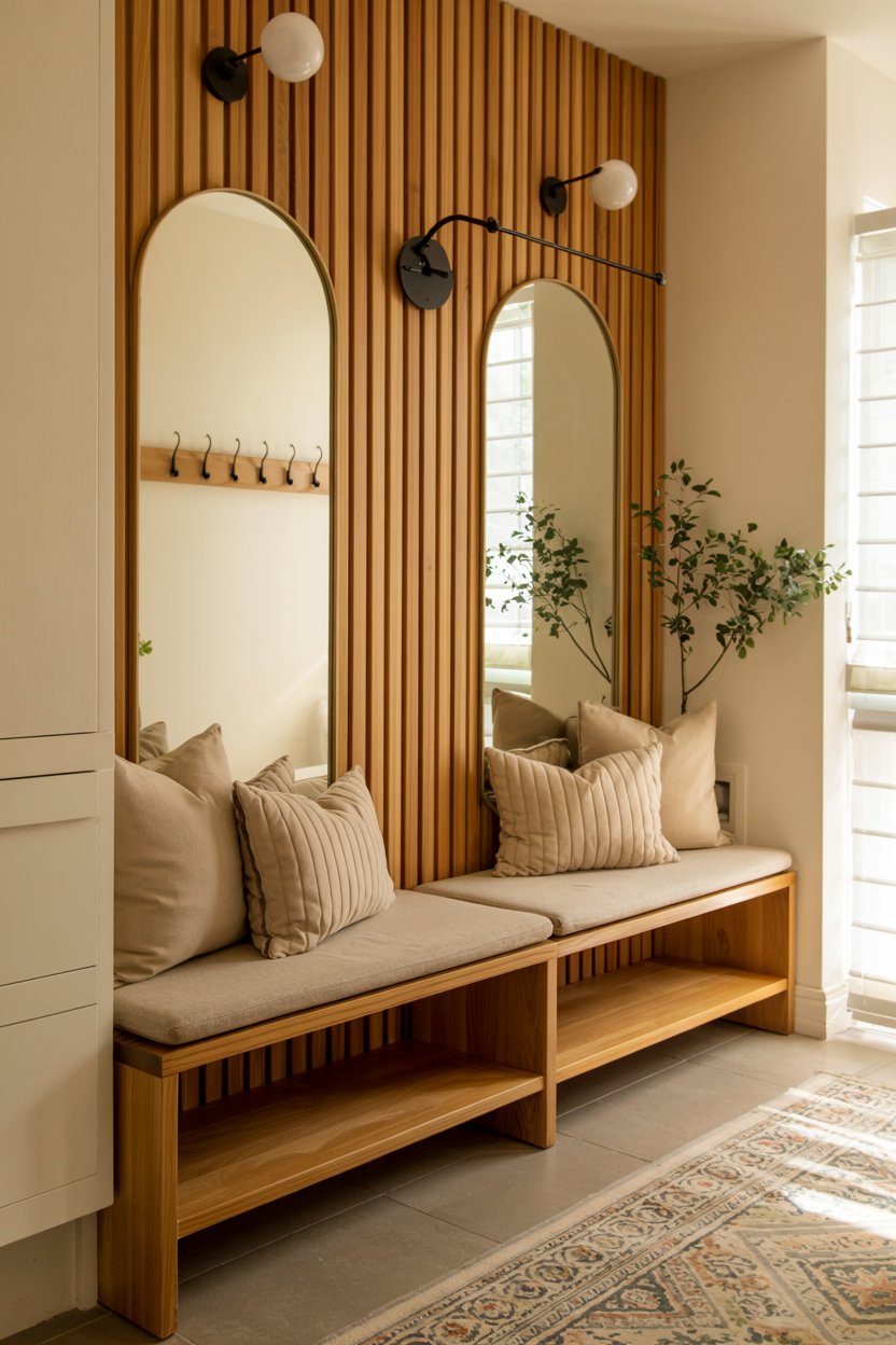 10 Stylish Functional of the Slatted Wood Bench with Mirror and Hooks ...
